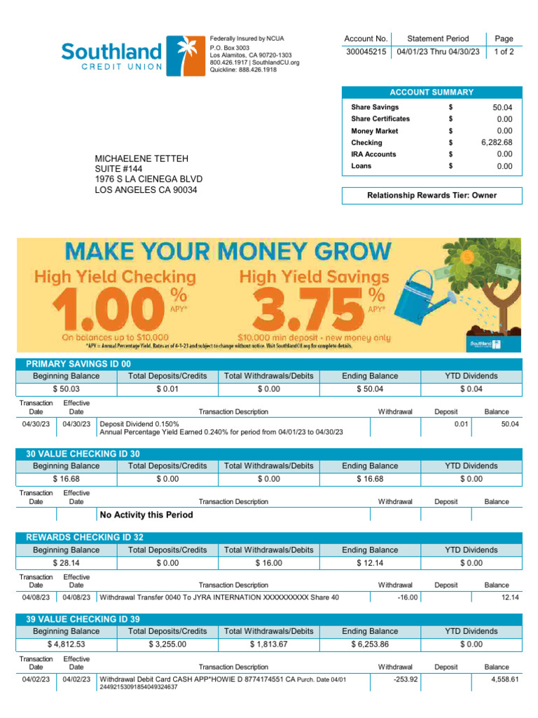 Apr 2023 Southland | PDF | Transaction Account | Deposit Account