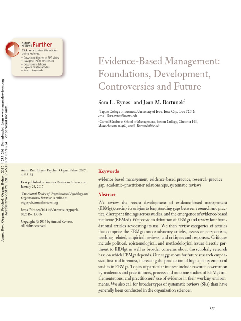 Rynes Bartunek 2017 Evidence Based Management Foundations Development ... Rynes Bartunek 2017 Evidence Based Management Foundations Development ...