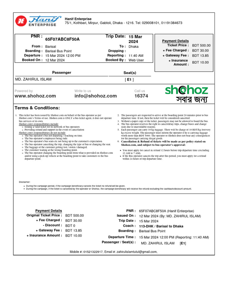 Barisal to Dhaka Bus Ticket Details | PDF | Bus | Fee