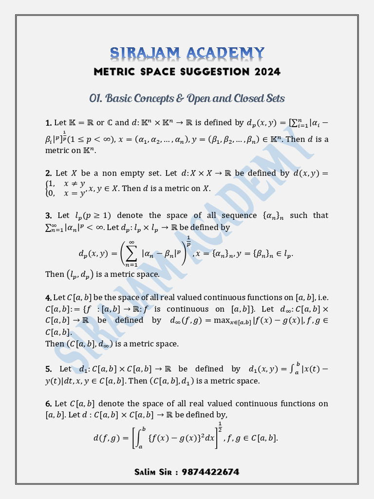Metric Space Suggestion 2024 | PDF | Real Number | Space (Mathematics)