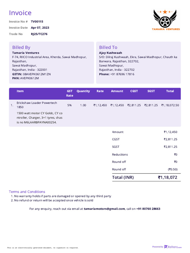 Invoice for Erickshaw Loader Purchase | PDF | Economy Of India | Sales