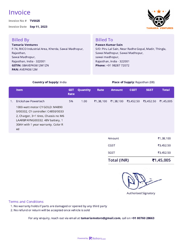 Invoice Tv0025 Tamaria Ventures Pawan Kumar Sain | PDF