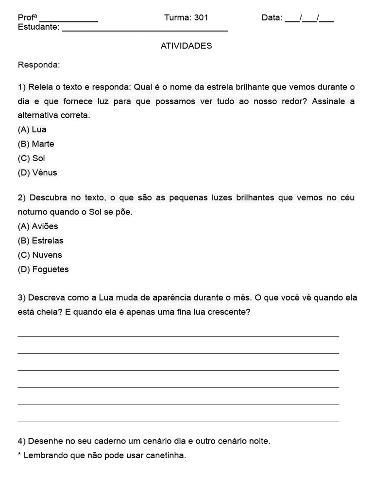 Atividade de Ciências - Observando o Céu - 3 Ano | PDF