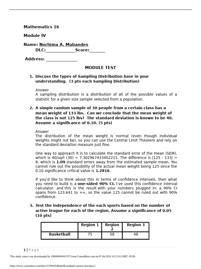 Math4B Module5 Answer Keys | PDF | Confidence Interval | Standard Error