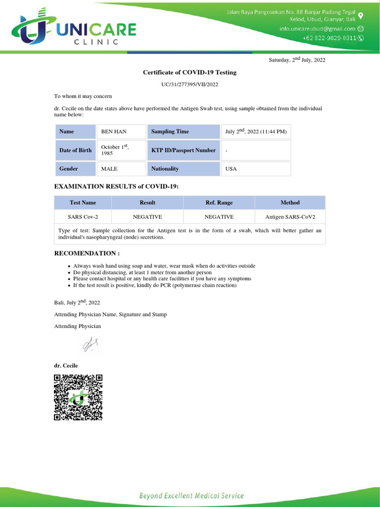 Unicare - Certificate - Covid - BEN HAN | PDF