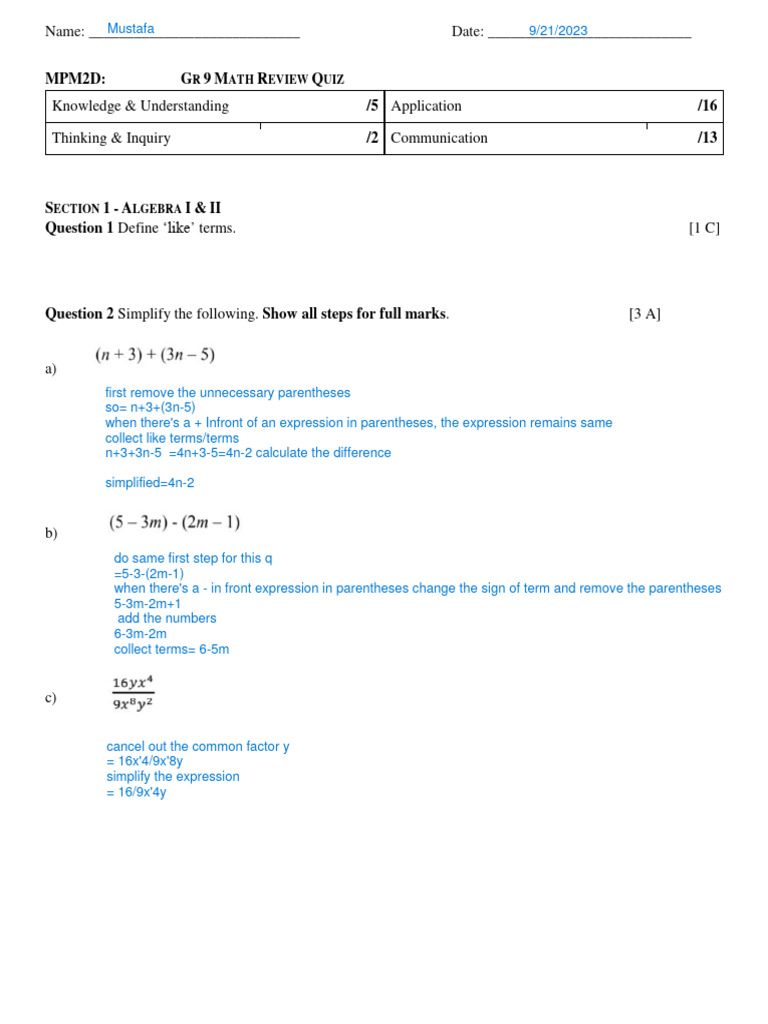 Grade 9 Review Formative - Test | PDF | Equations | Line (Geometry)