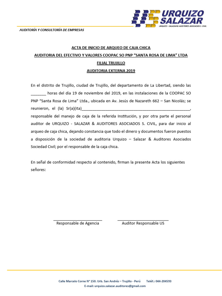 Acta de Arqueo de Caja Chica - Filial Trujillo | PDF | Auditoría
