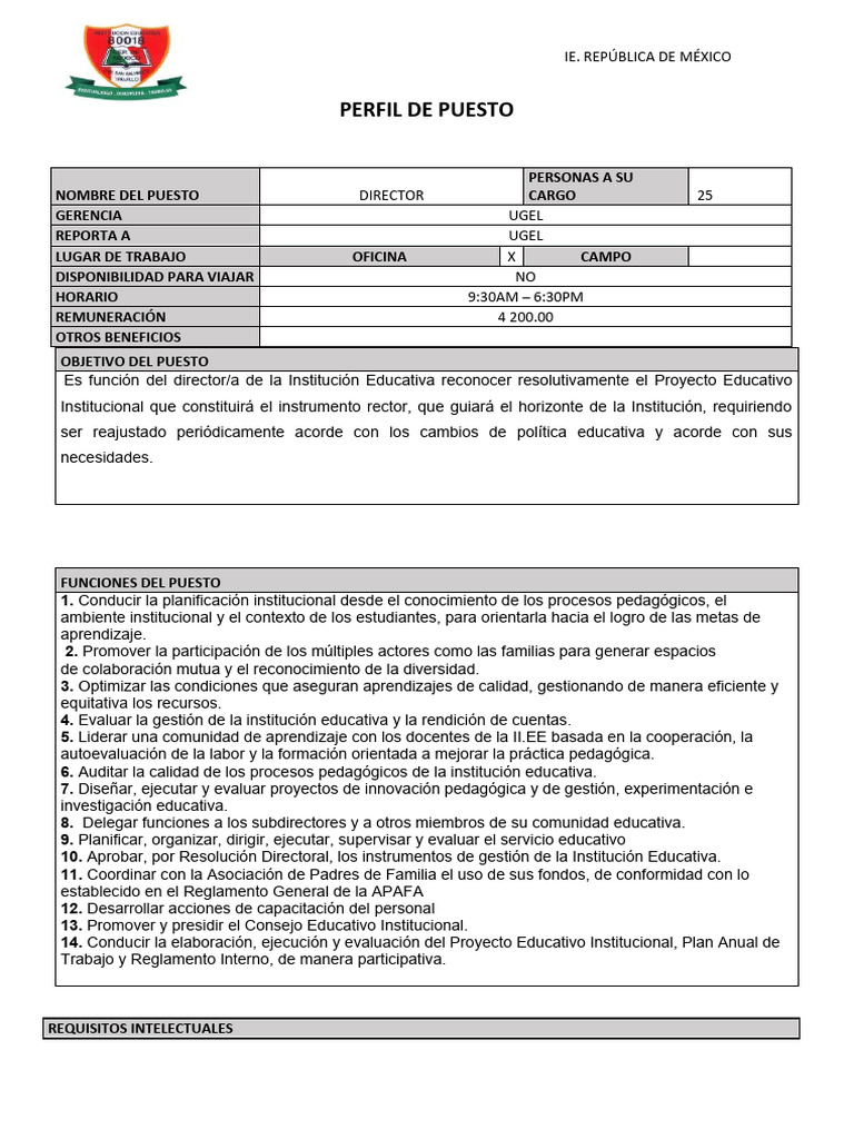 Formato de Perfil de Puesto | PDF | Enseñando | Maestros