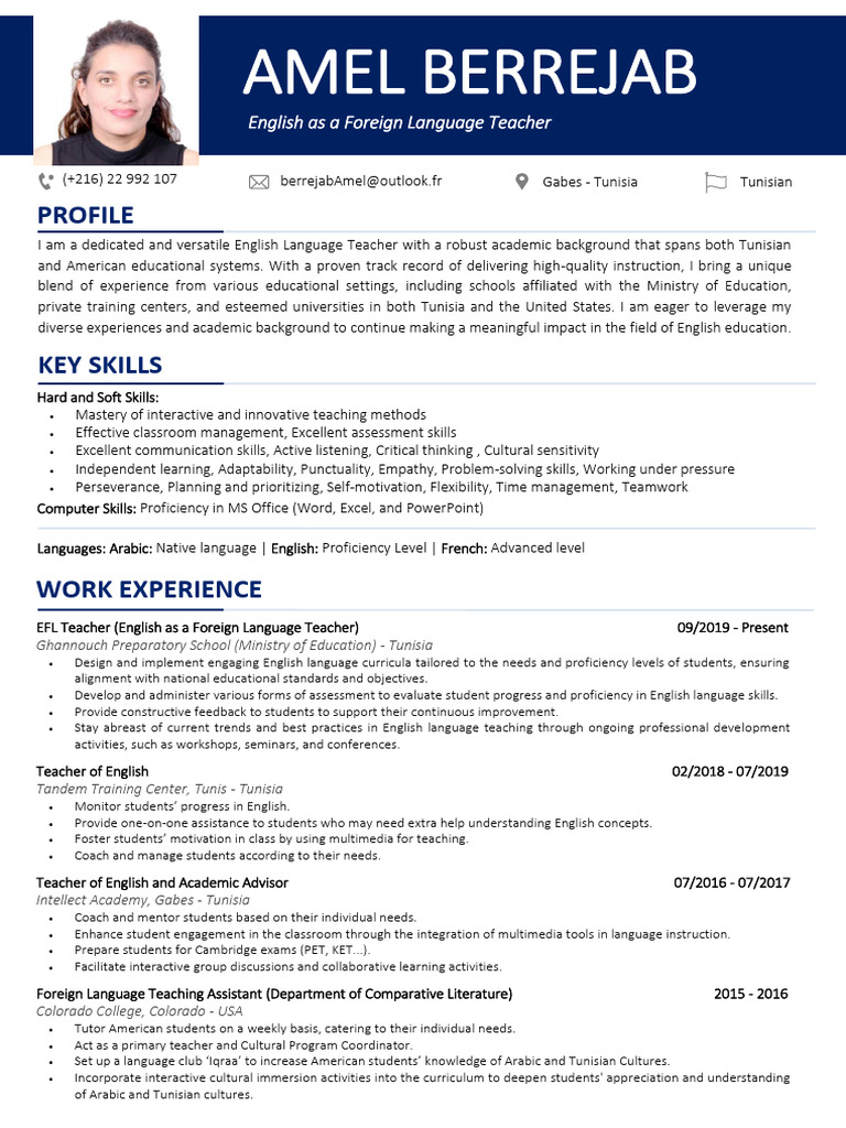 Experienced EFL Teacher in Tunisia | PDF | Teachers | Language Education