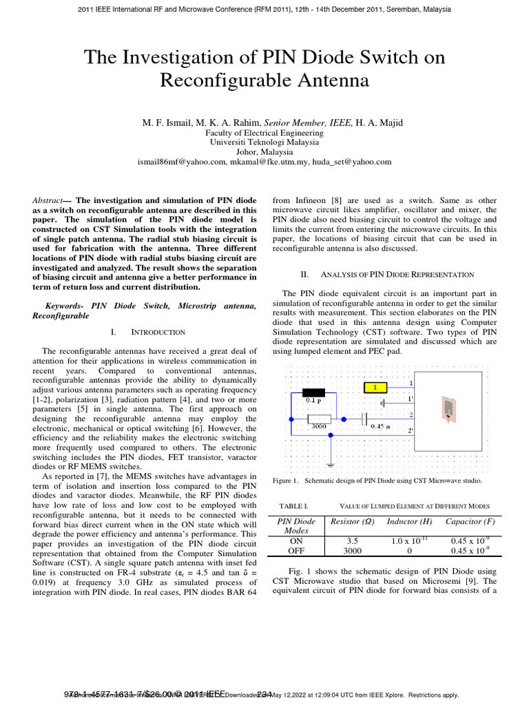 The Investigation Of Pin Diode Switch On Reconfigurable Antenna Pdf Antenna Radio