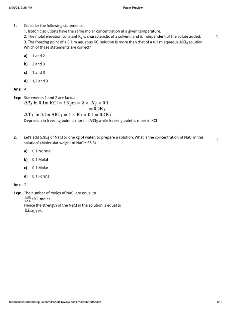 Solution and Colligative Properties Practice Paper 1.AP | PDF