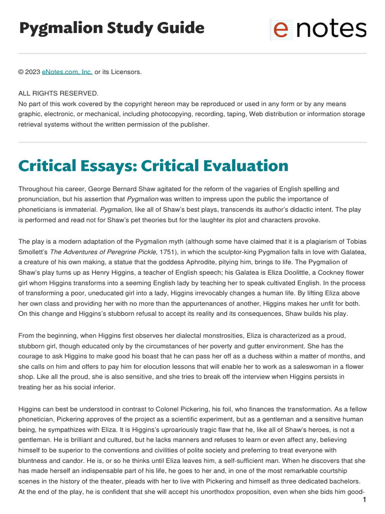 Enotes Pygmalion Critical Essays | PDF | Pygmalion (Play)