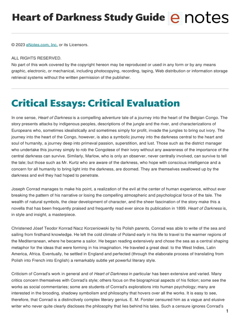 Enotes Heart of Darkness Critical Essays | PDF | Heart Of Darkness ...