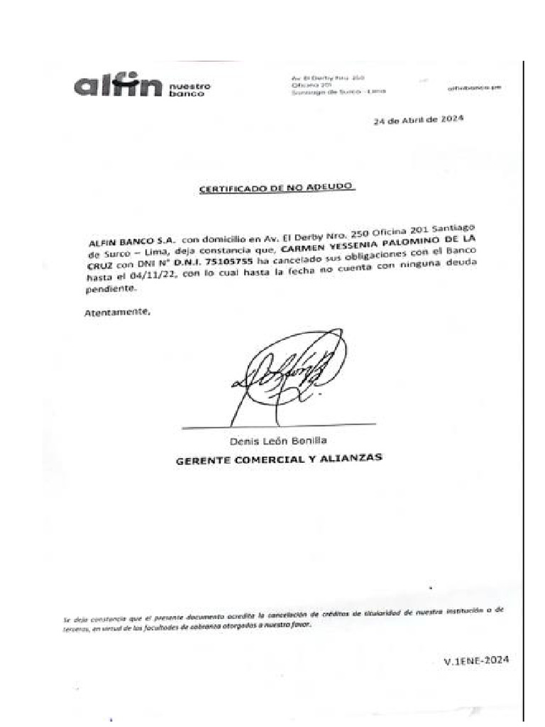 Carta de No Deudo Alfin Banco | PDF