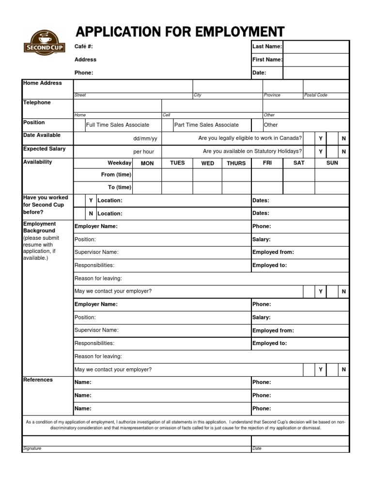 Second Cup Job Application Form | PDF | Government | Business