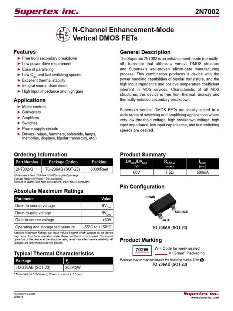 2N7002 N-Channel Enhancement-Mode Vertical Dmos Fets: Features General ...