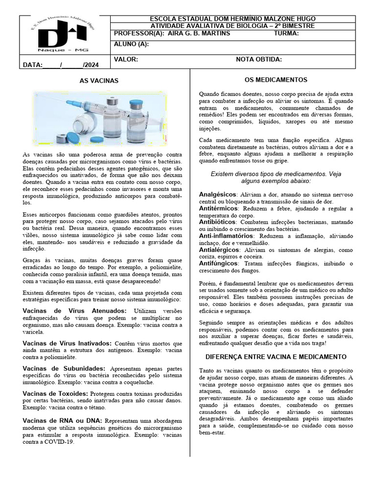 Aval - 3 Eja Medio - 1 Bim - 2024 | PDF | Vacinas | Vírus