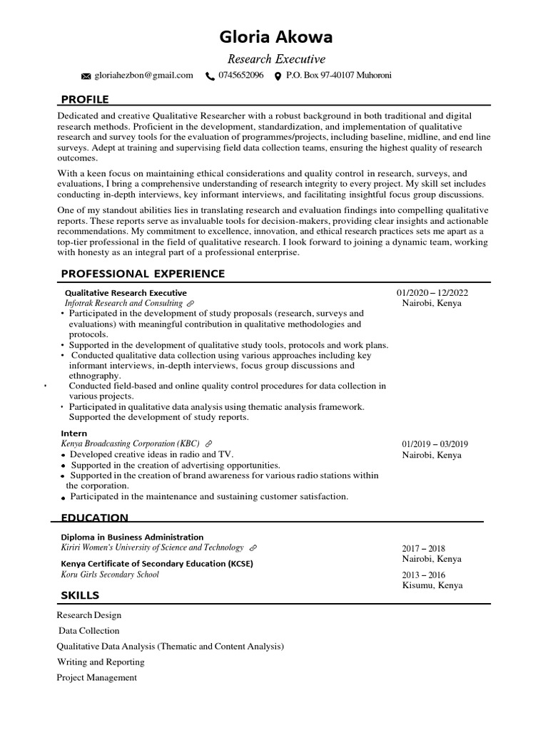 Gloria - Akowa - Resume 2024 | PDF | Qualitative Research | Focus Group