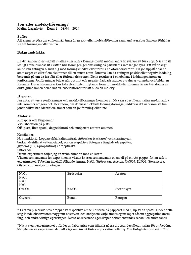 Kemi1 Lab1 Melina Lagerkvist | PDF