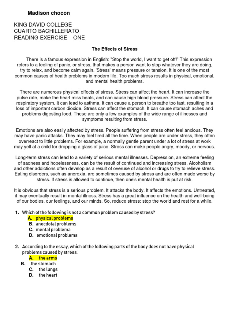 2024 Reading 1 Cuarto Bach.-1 | PDF | Stress (Biology) | Mental Disorder