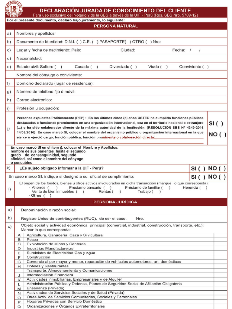DECLARACIÓN JURADA DE CONOCIMIENTO DEL CLIENTE BF | PDF