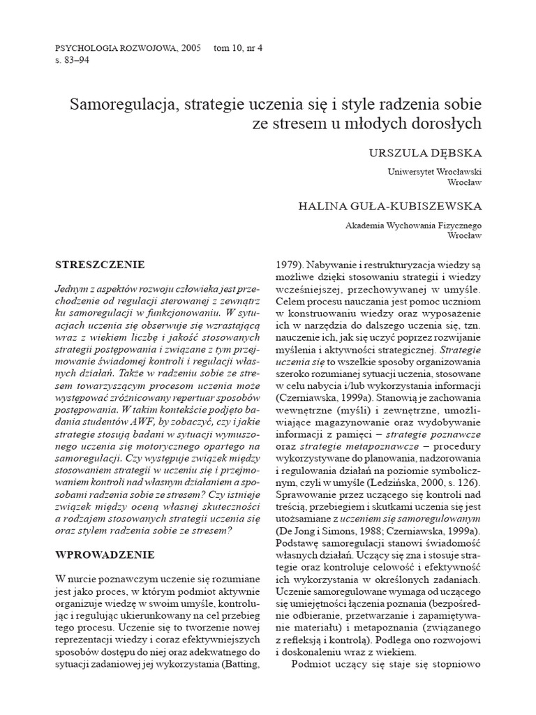 Samoregulacja Strategie Uczenia Się | PDF