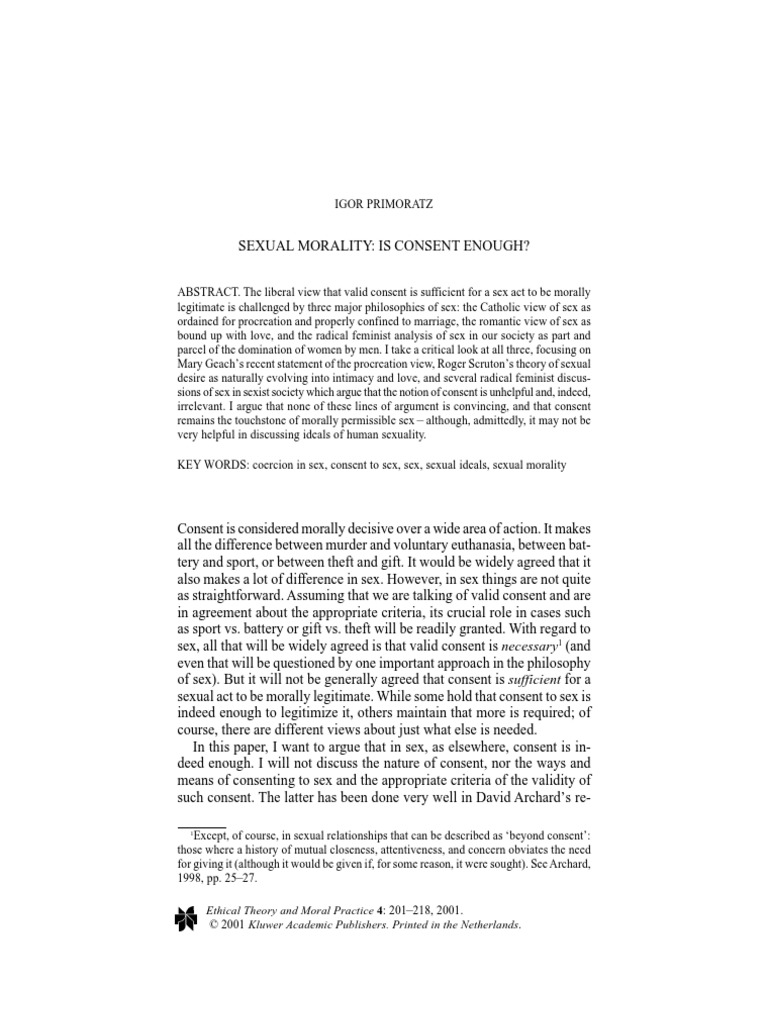 Igor Primoratz - Sexual Morality - Is Consent Enough | PDF | Sexual ...