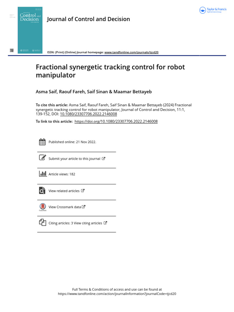 Fractional Synergetic Tracking Control For Robot Manipulator Pdf Control Theory Calculus
