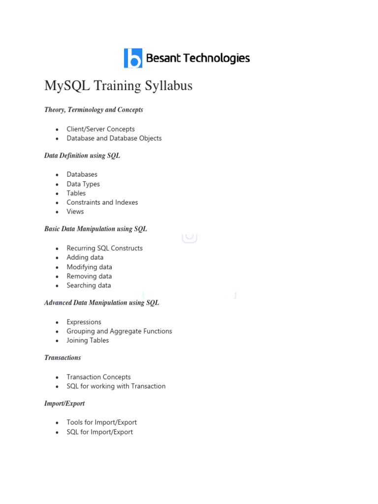 My SQL Training Syllabus | PDF