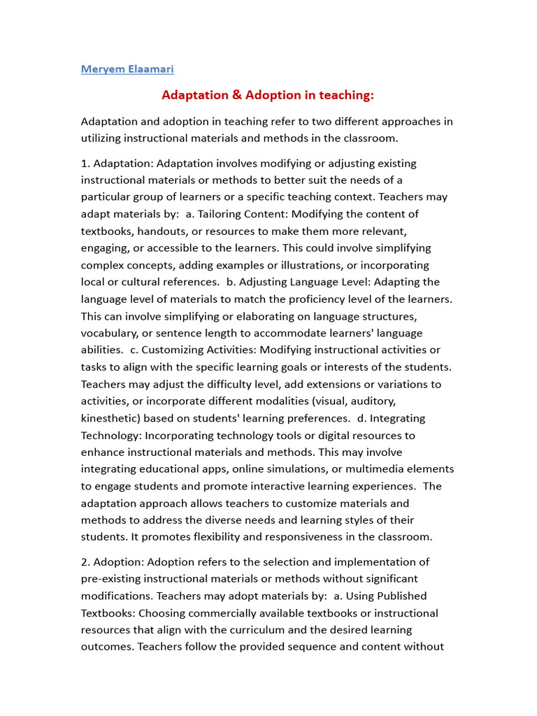Adaptation - Adoption | PDF | Learning | Teachers