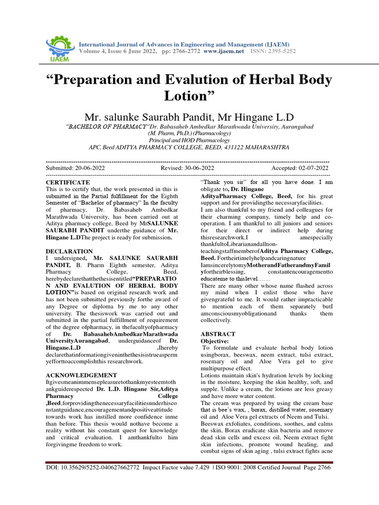Herbal Body Lotion Preparation and Evaluation | PDF | Dermatitis ...