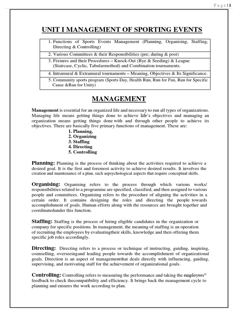 Unit 1 Management of Sporting Events | PDF | Tournament | Sports