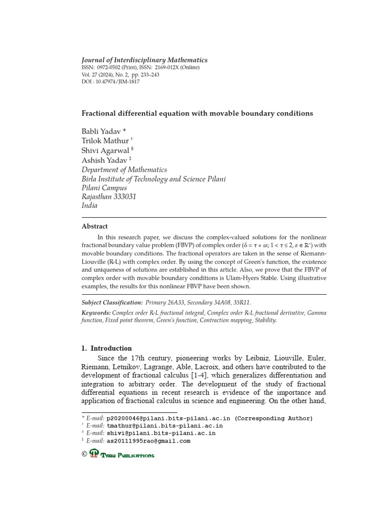 Fractional Differential Equation With Movable Boundary Conditions | PDF | Boundary Value Problem ...