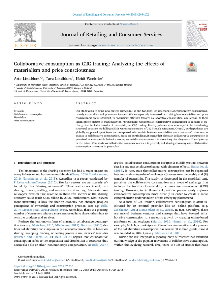 Collaborative Consumption As C2C Trading Analyzin - 2018 - Journal of Retailing | PDF | Attitude ...