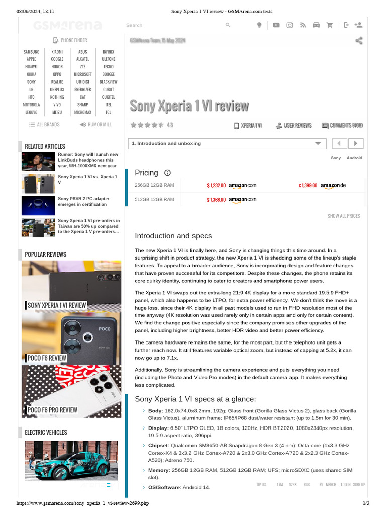 Sony Xperia 1 VI Review - GSMArena - Com Tests | PDF | Mobile Phones ...