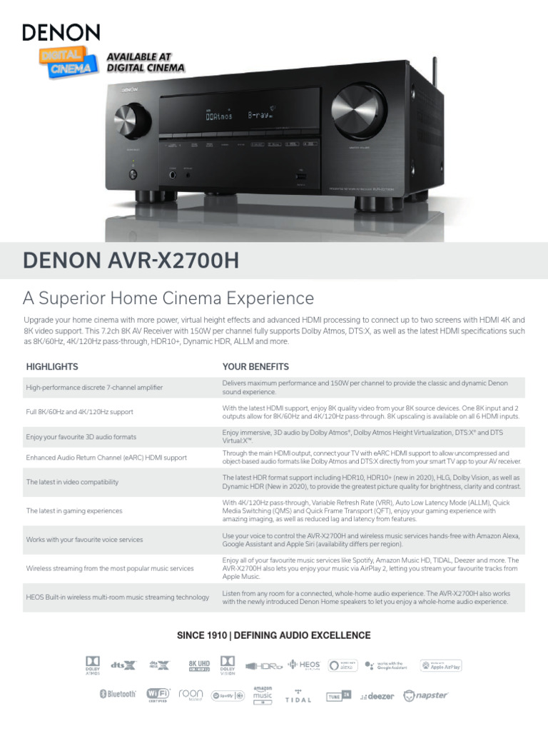 Denon AVR X2700H 8K Home AV Receiver Specifications Digital Cinema ...
