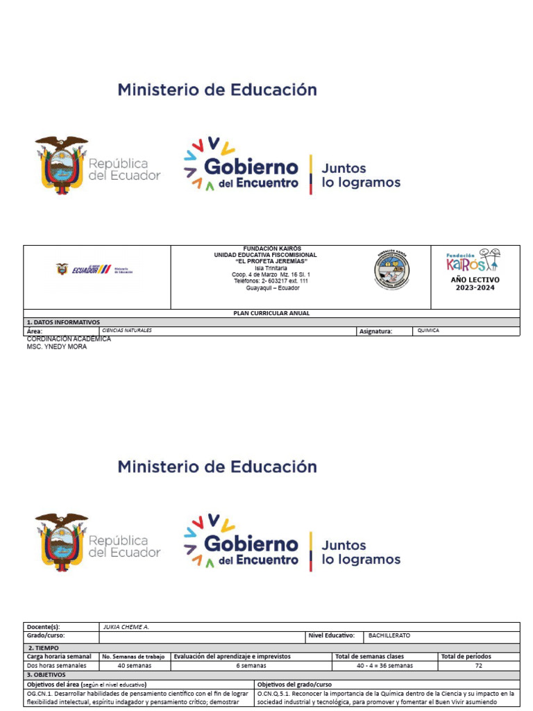 Plan Anual 1ero Bgu Quimica Pdf Química Enlace Químico