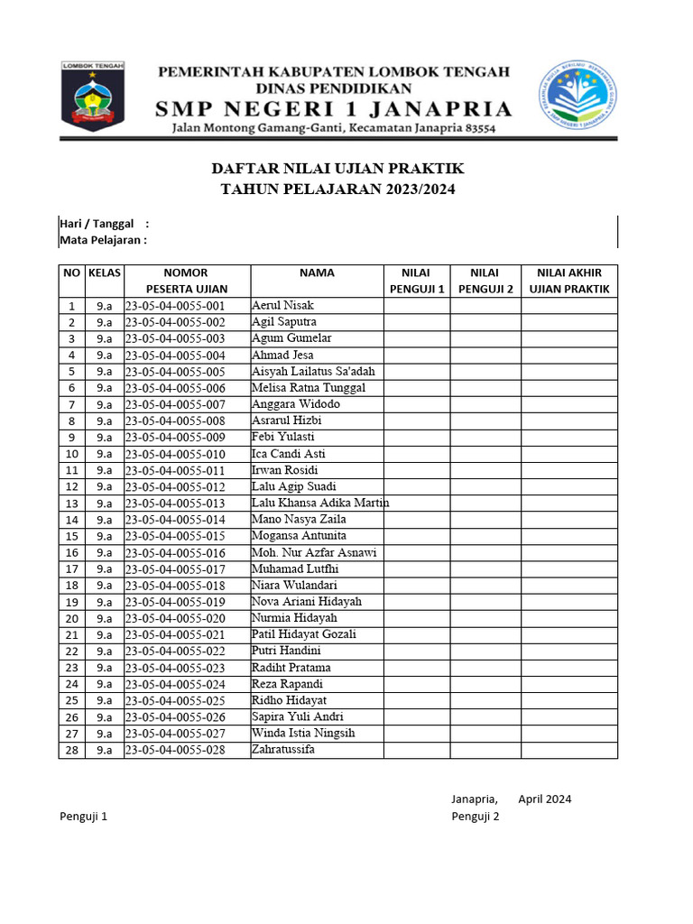 Daftar Nilai Ujian Praktik | PDF