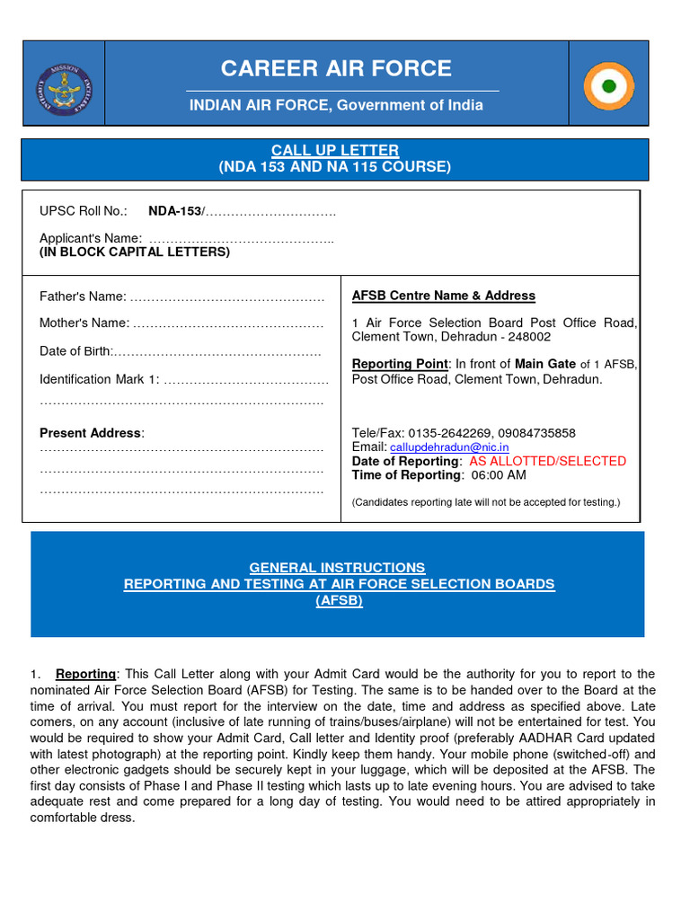 Call Up Letter 1 Afsb Dehradun For Nda 153 Course | PDF | Identity ...