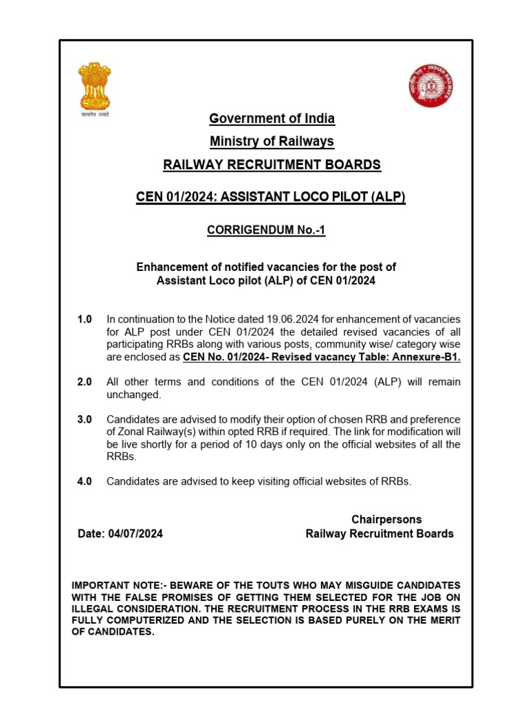 7 Notice Annexure B1 English CEN 01 - 2024 (ALP) English and Hindi | PDF