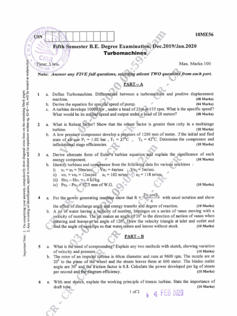 VTU Question Paper of 10ME56 Turbo Machines Dec - 2019 | PDF