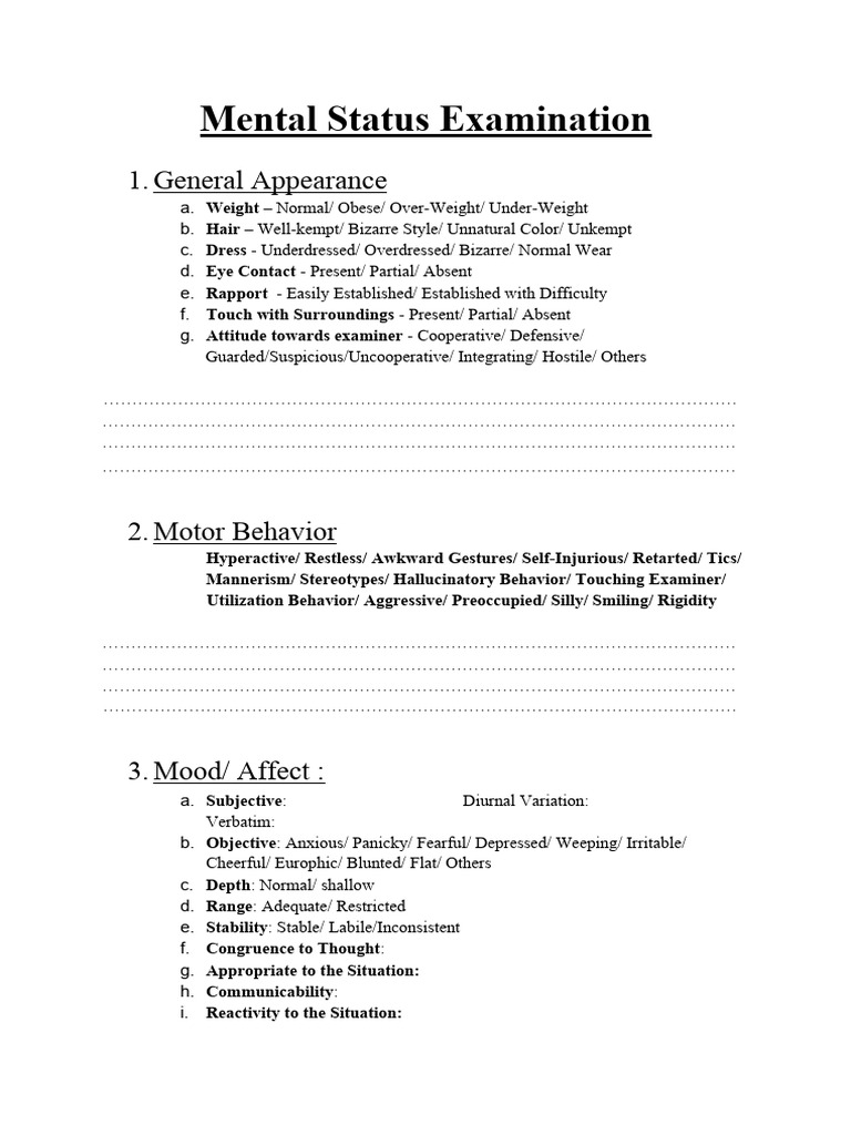 Mental Status Examination: 1. General Appearance | PDF | Medical ...