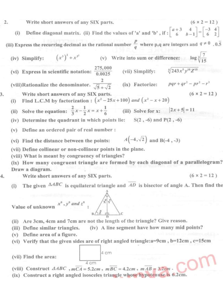 9th Math Past Paper Unsolved | PDF