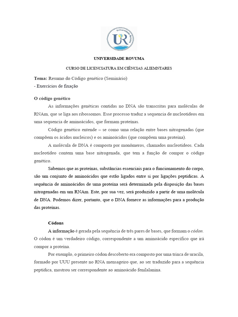 Resumo de Codigo Genetico | PDF | Código genético | Tradução (Biologia)