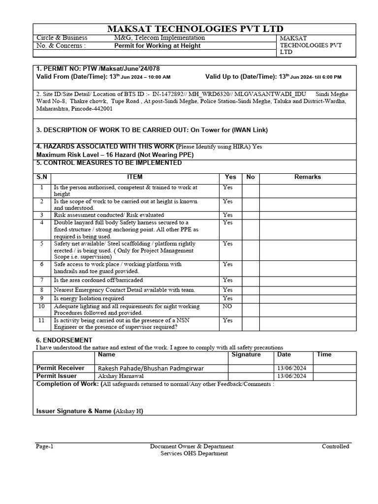 Rakesh - PTW | PDF | Safety | Occupational Safety And Health