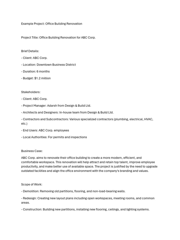 Office Building Renovation For ABC Corp | PDF | Renovation | Project ...