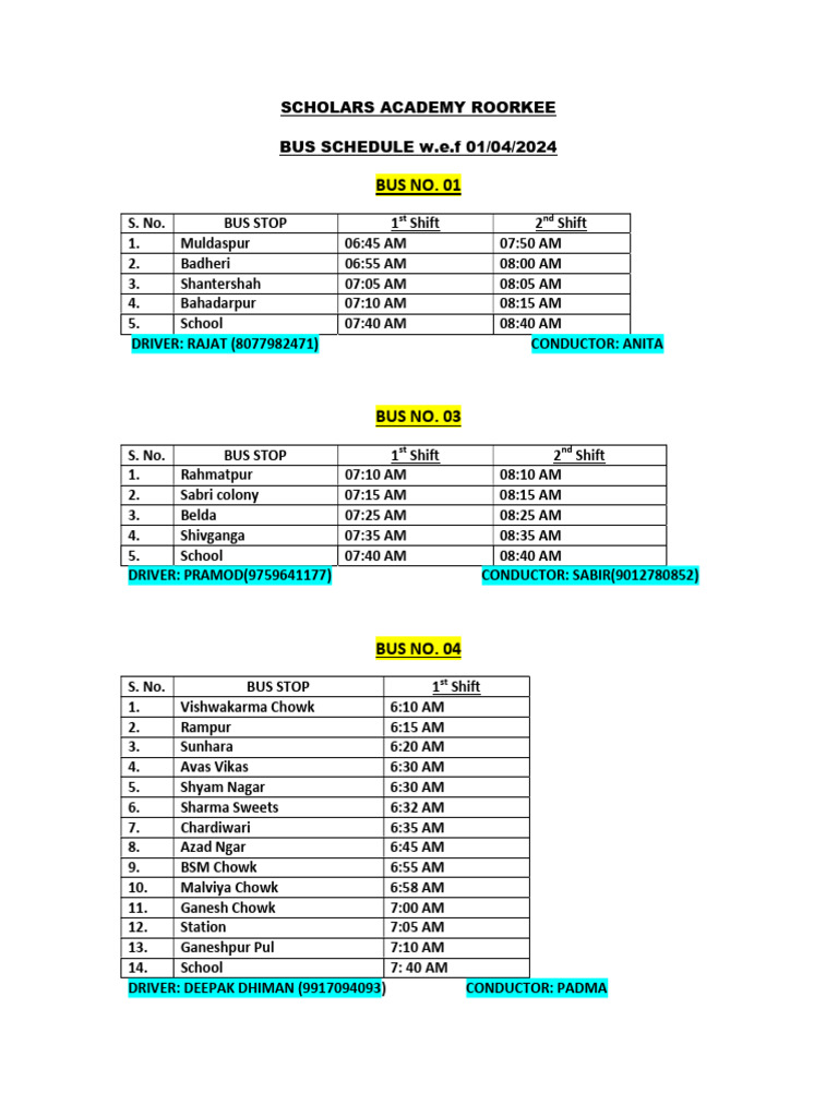 Sar - Bus Schedule - 2024-25 | PDF