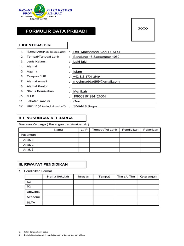 MD Form Daftar Riwayat Hidup BKD 2 | PDF