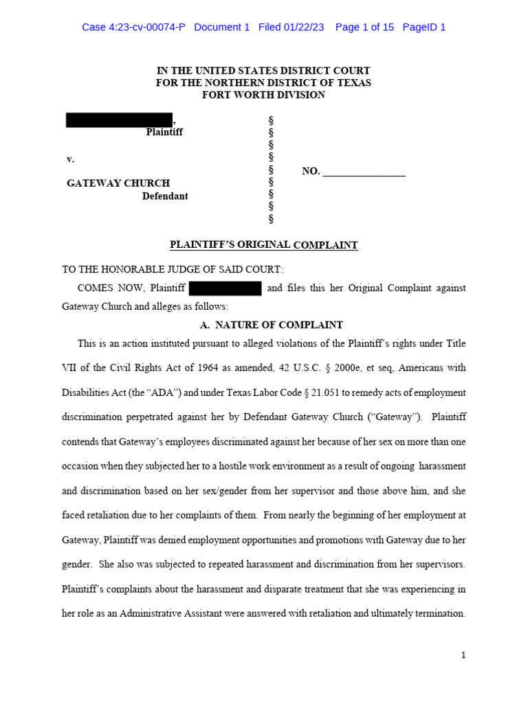 Gateway Church Federal Civil Rights Lawsuit - 2023 | PDF | Equal ... Gateway Church Federal Civil Rights Lawsuit - 2023 | PDF | Equal ...
