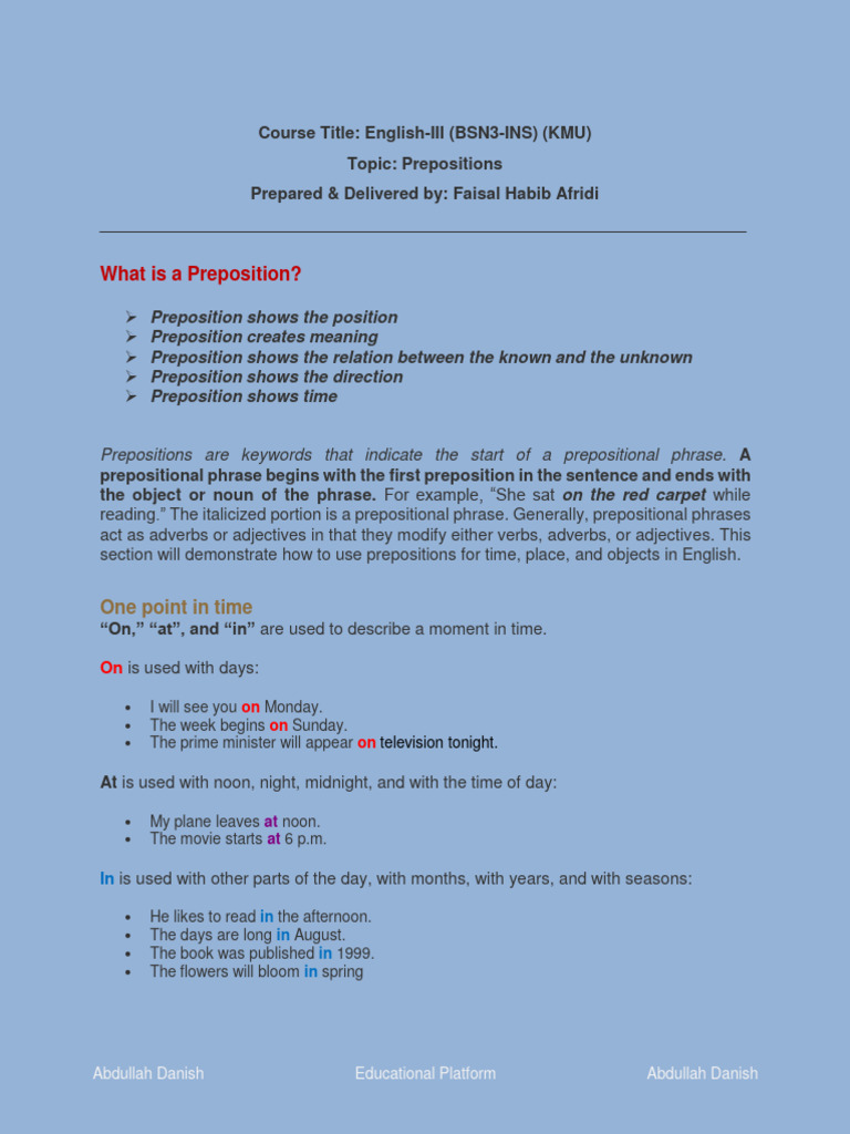 Prepositions, Husain.Z | PDF | Preposition And Postposition | Adverb